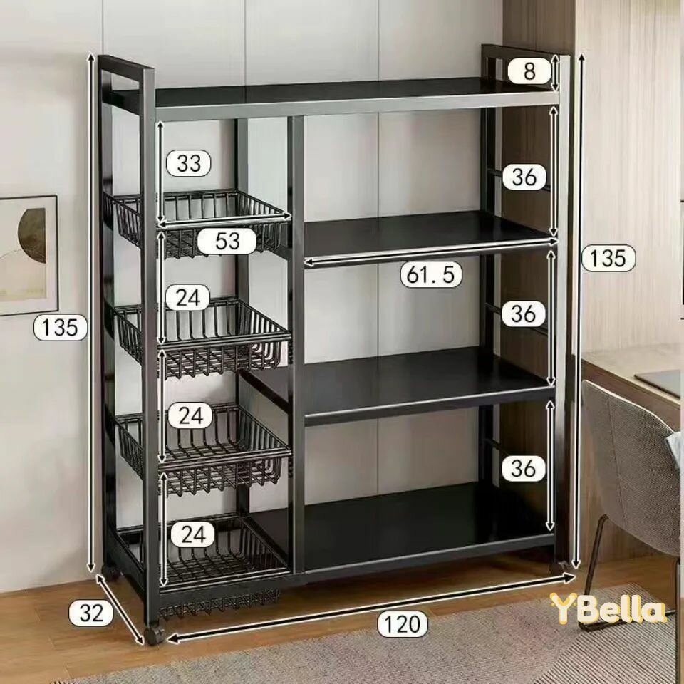 Стойка для стеллажа 120.5х32.1х135.5 см — металлический кронштейн, регулировка полок, колесо, 3/4 полки 80/90/120 см
