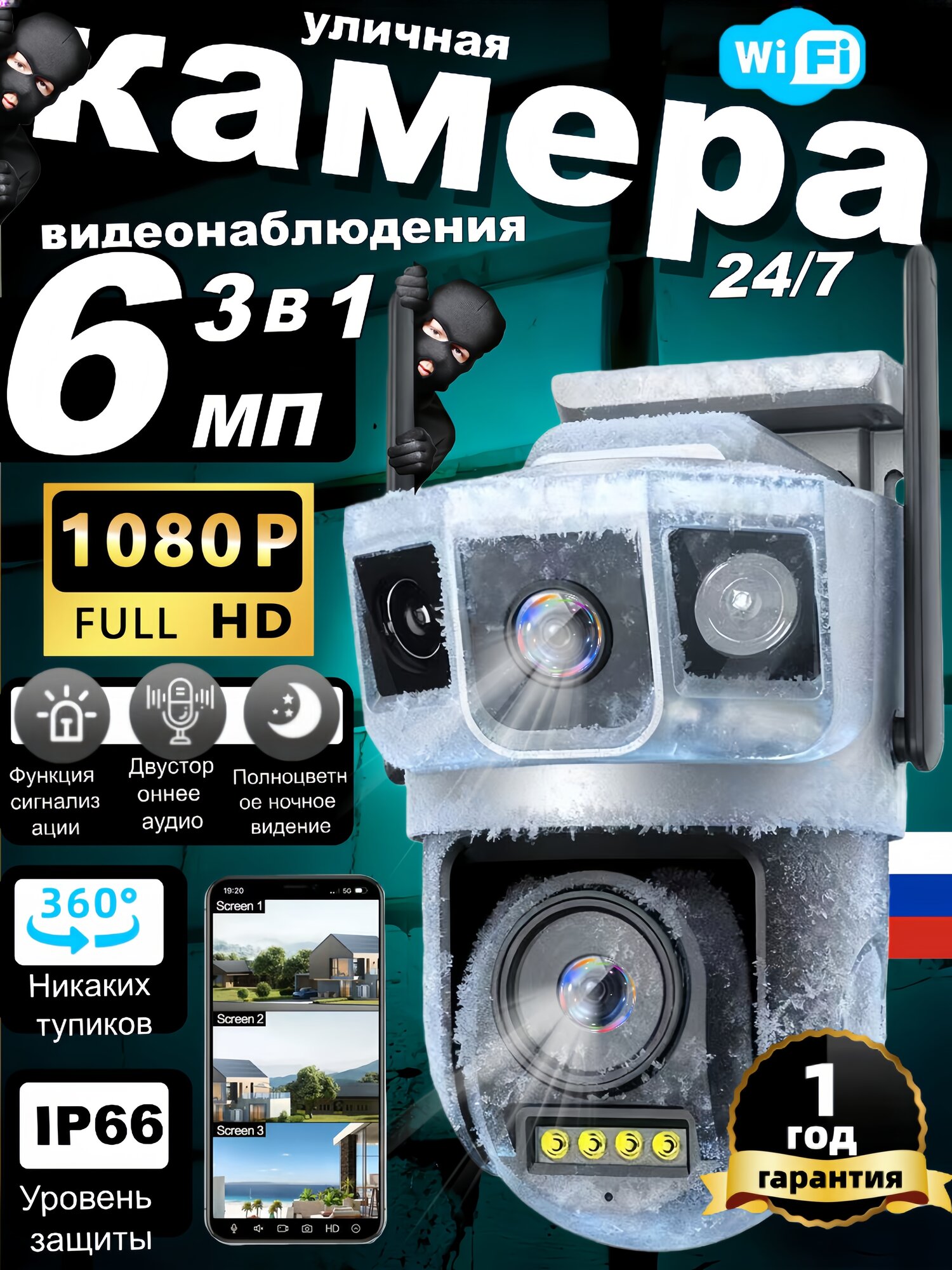 Kамера уличная видеонаблюдения wifi/4 МП/три линзы вращаются на 360 /датчик движения/На открытом воздухе в помещении