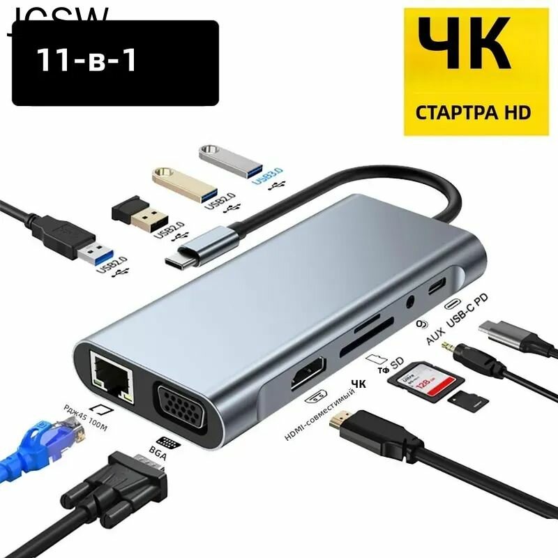 USB C HUB 11-в-1 с HDMI 4K 30Hz, Type-C на HDMI, USB 3.0, PD 87W, док-станция для MacBook Pro/Air, адаптер с RJ45, VGA, AUX