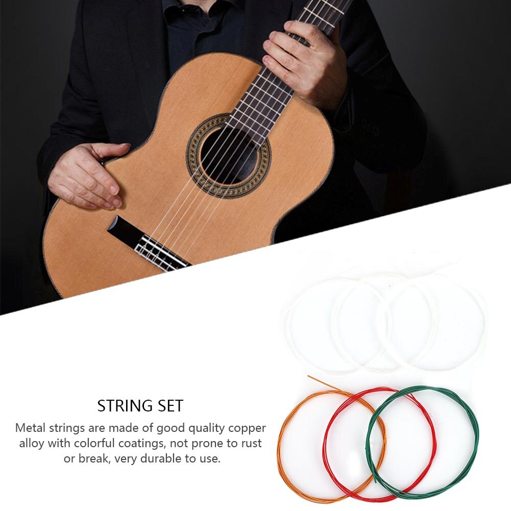 6pcs/Set Замена Струн Металл Нейлон для Классической Акустической Гитары, E-1st 0.028inch/0.71mm Прозрачная, B-2nd 0.032inch/0.81mm Прозрачная, G-3rd 0.040inch/1.02mm Прозрачная, D-4th 0.030inch/0.76mm Красная, A-5th 0.035inch/0.89mm Желтая, E-6th