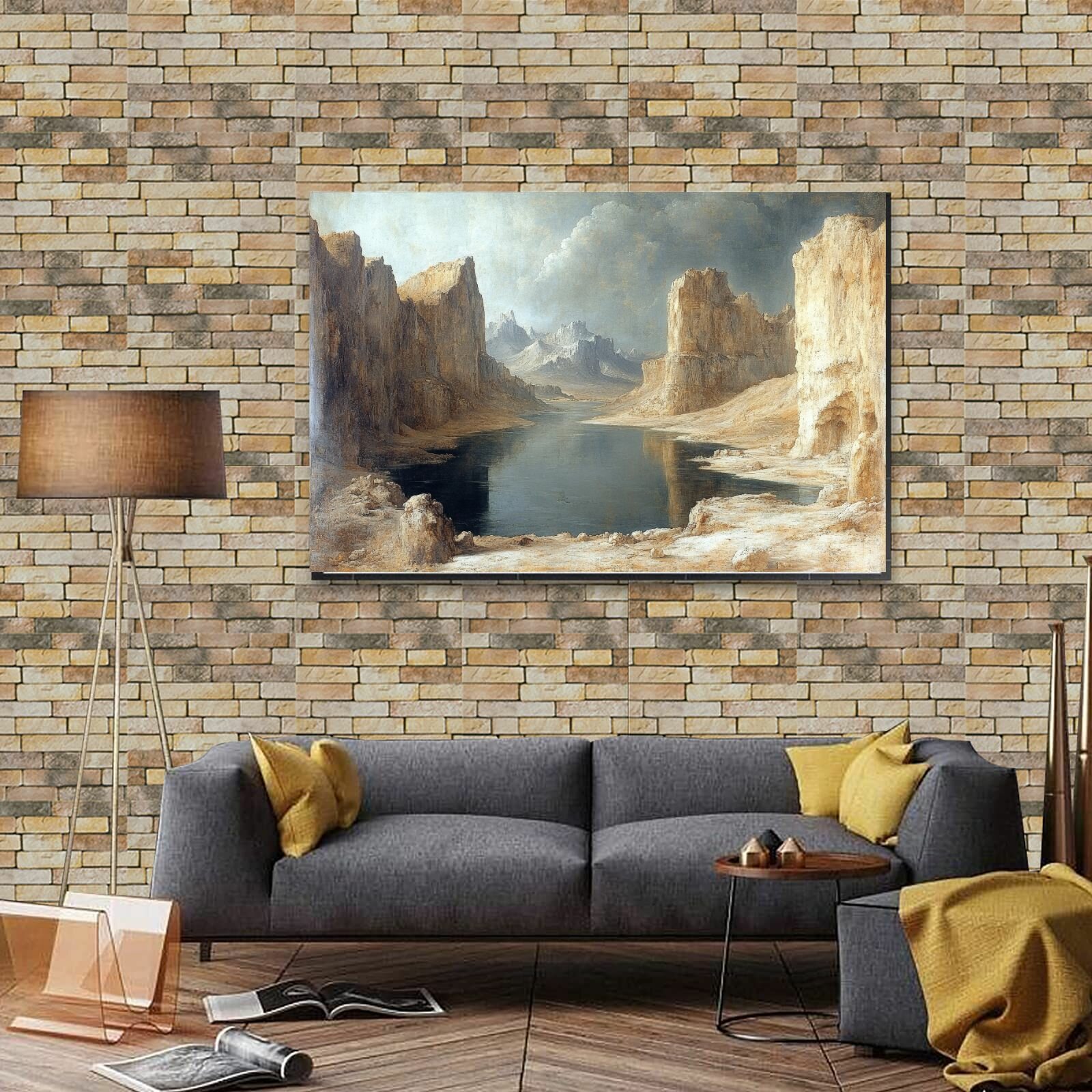 Картина "Река в стиле Да Винчи", на натуральном холсте, на подрамнике, 40*70 см