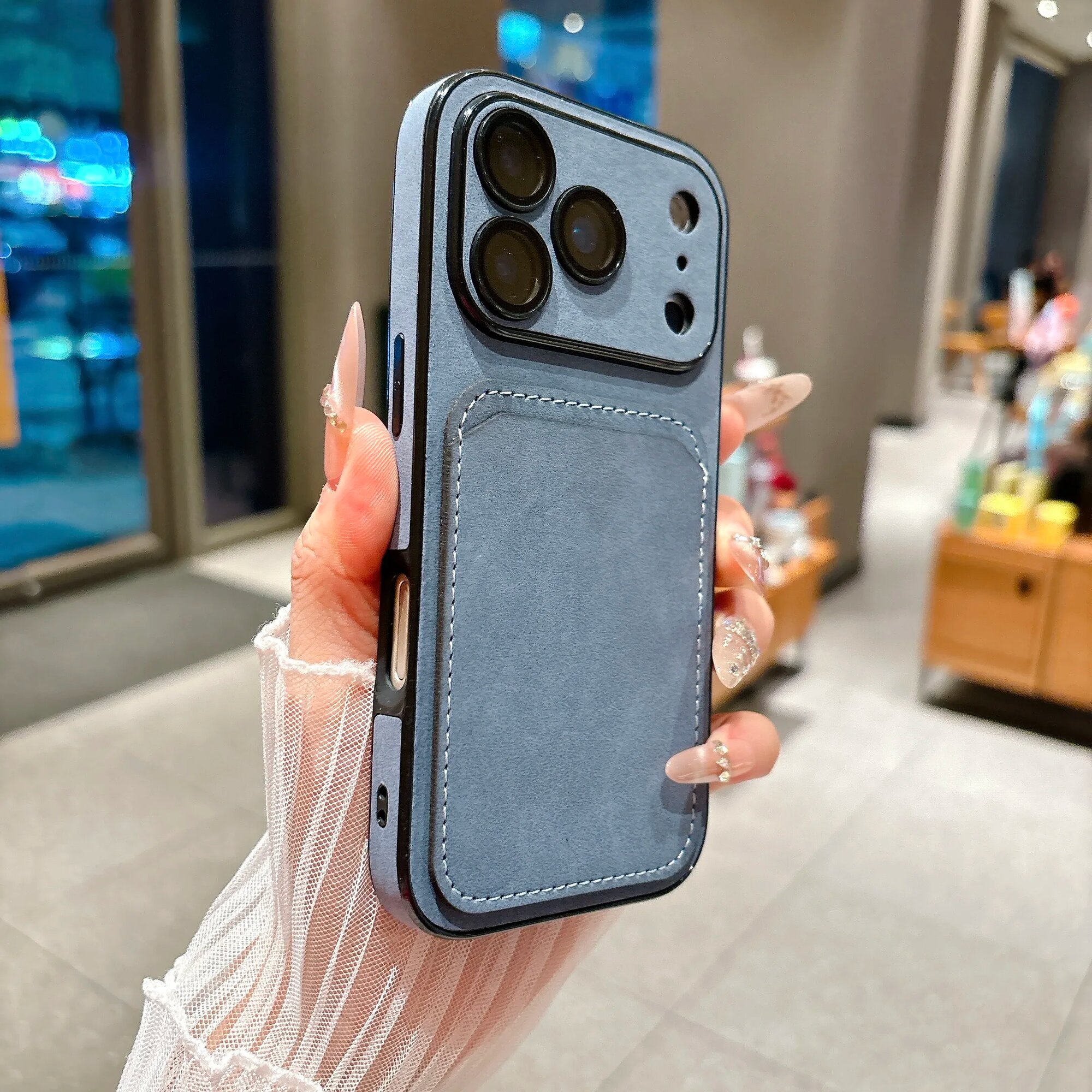 Чехол для iPhone 15 Pro Max, синий, кожаный кошелек