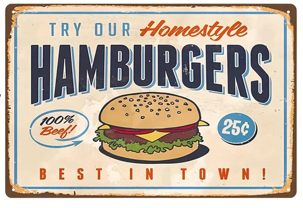 Металлическая вывеска "Hamburgers" 20x30см, цвет 9