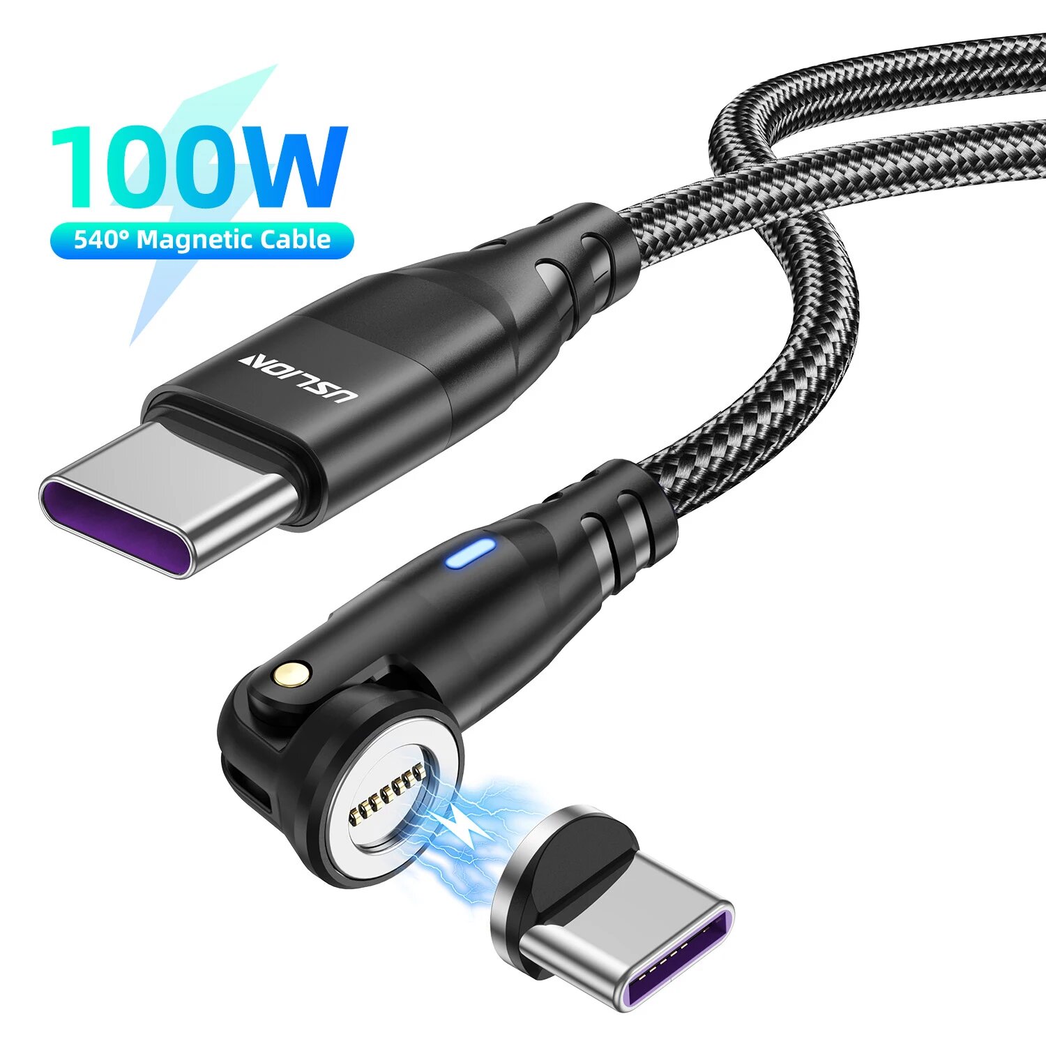 USLION 100W магнитный кабель Type-C 1.8m, черный