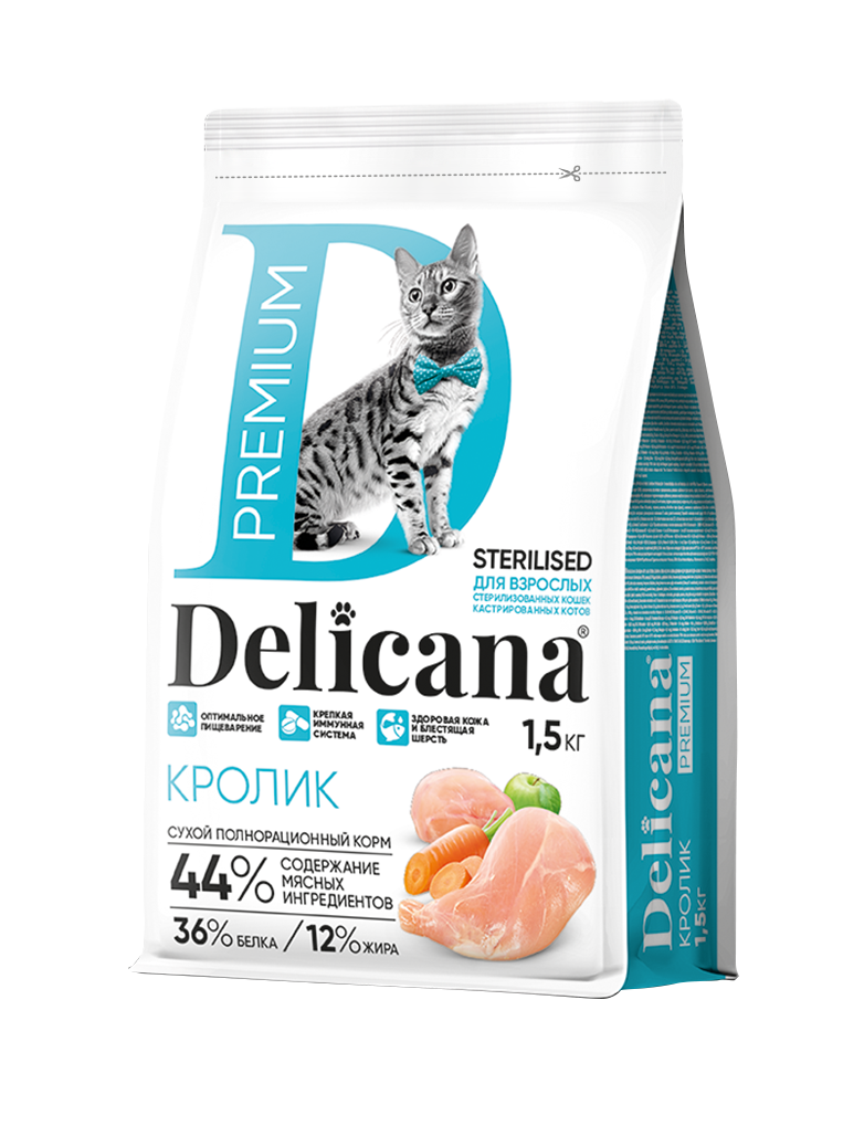 Сухой корм для стерилизованных кошек Delicana, с кроликом, 1,5кг