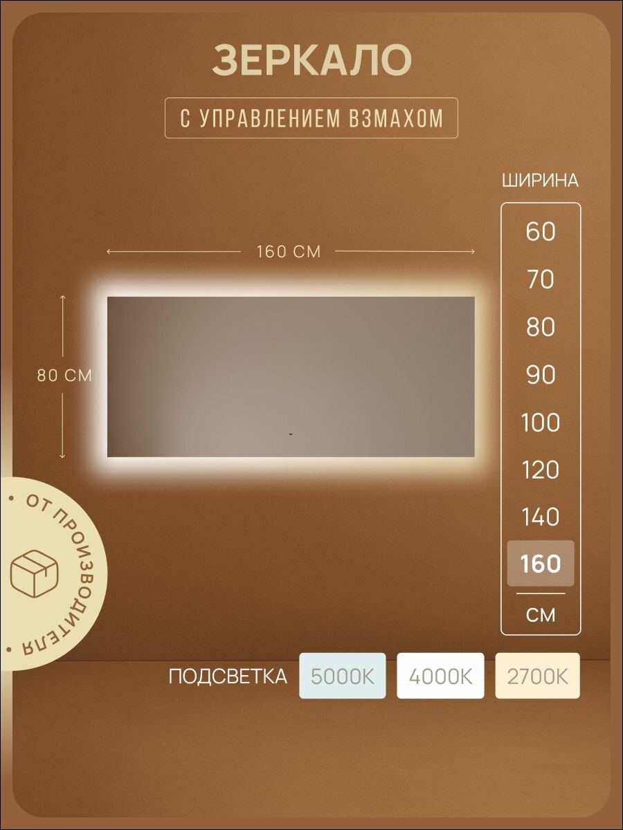 Зеркало для ванной комнаты Sancos Square 2.0 1600х800, led подсветка 2700K/4000K/5000K, SQ2.1600