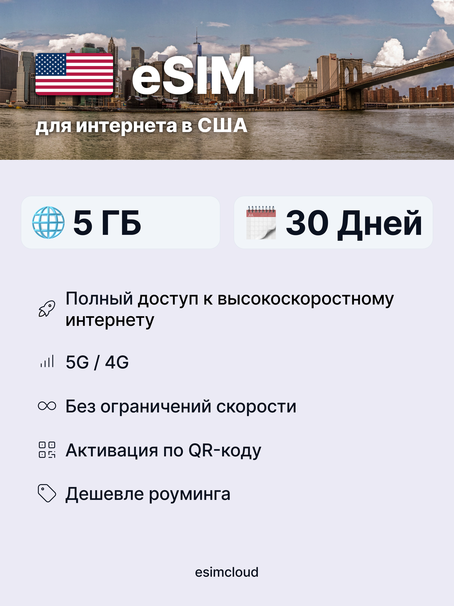 ESIM для США 5 ГБ / 30 дней • Мобильный интернет • Универсальная eSIM • 4G LTE / 5G • Смартфон и планшет