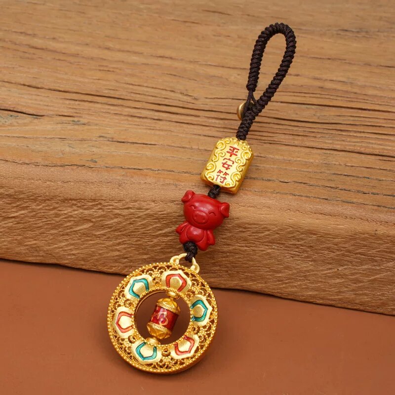 Позолоченный медный брелок для ключей с подвеской-талисманом из киновари в виде знака зодиака, эмалированный