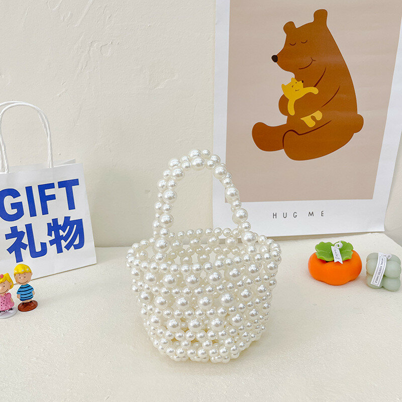 Стильная мини-сумочка с перламутровыми бусинами для девочек, модная вязаная тоут-сумка без ручки
