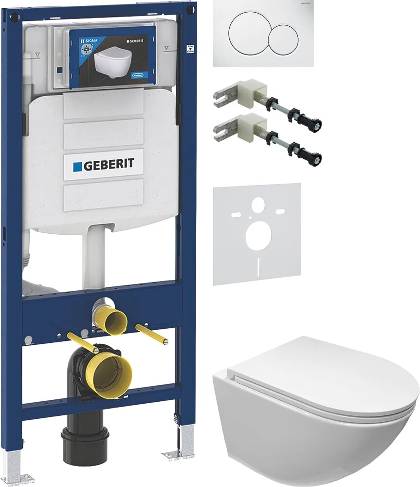 Комплект Унитаз подвесной Cerutti Spa Sella Aria 7183 безободковый, с микролифтом / Крепления Geberit Duofix к стене / Шумоизоляция, Инсталляция UP 320 111.300.00.5, Кнопка Sigma белая