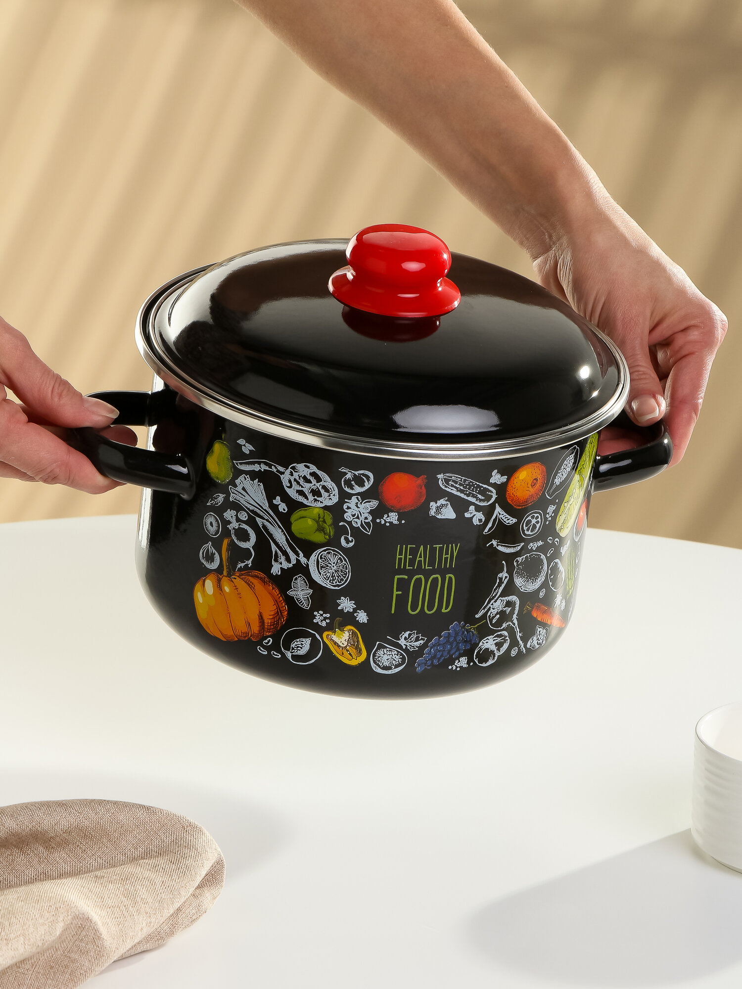 Кастрюля Appetite Healthy food 4л эмалированная сталь для индукции, черная с крышкой, диаметр 22см, Россия, 1RD201M