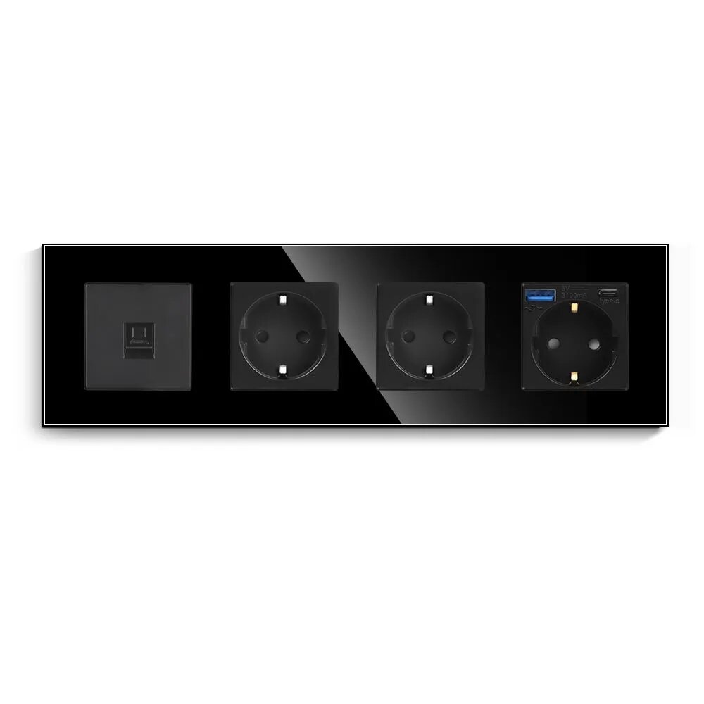 Pозетка на 4 столба с доступом в Интернет, RJ45, разъем USB A/TYPE-C, закаленное стекло, цвет Черный
