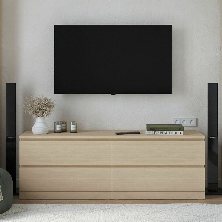 Комод Варма, 4 ящика, горизонтальный, 160х54х40 см, шпон натурального дерева, дуб беленый, ГУД лакк