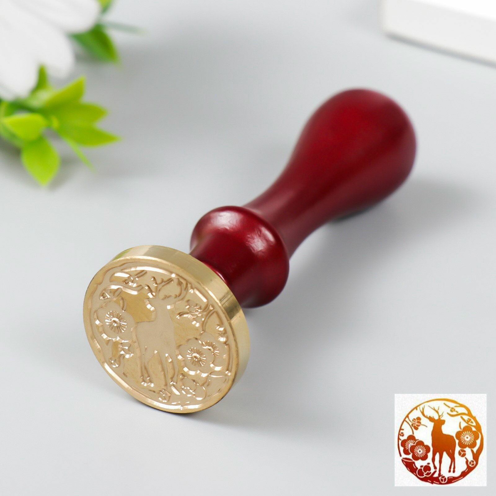 Печать для сургуча с деревянной ручкой "Олень в цветущем лесу", 9x2.5x2.5 см