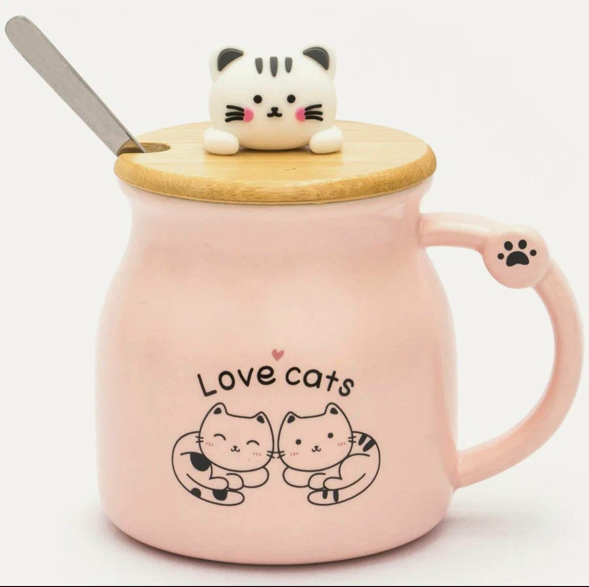 Кружка керамическая фиолетовая с ложкой в комплекте, чашка керамическая для чая, кружка с котиком, кружка с крышкой