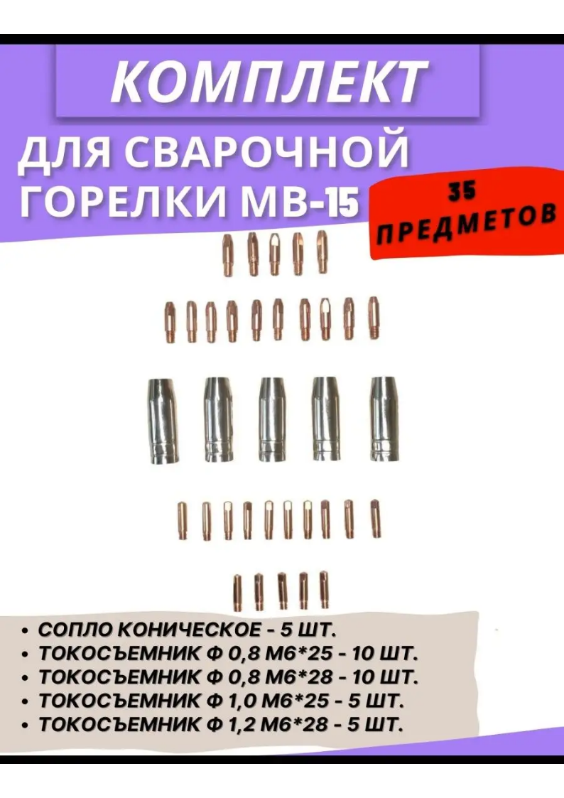 Набор расходных частей для горелок MIG/MAG, Сопло газовое МВ-15 коническое, Токосъемники