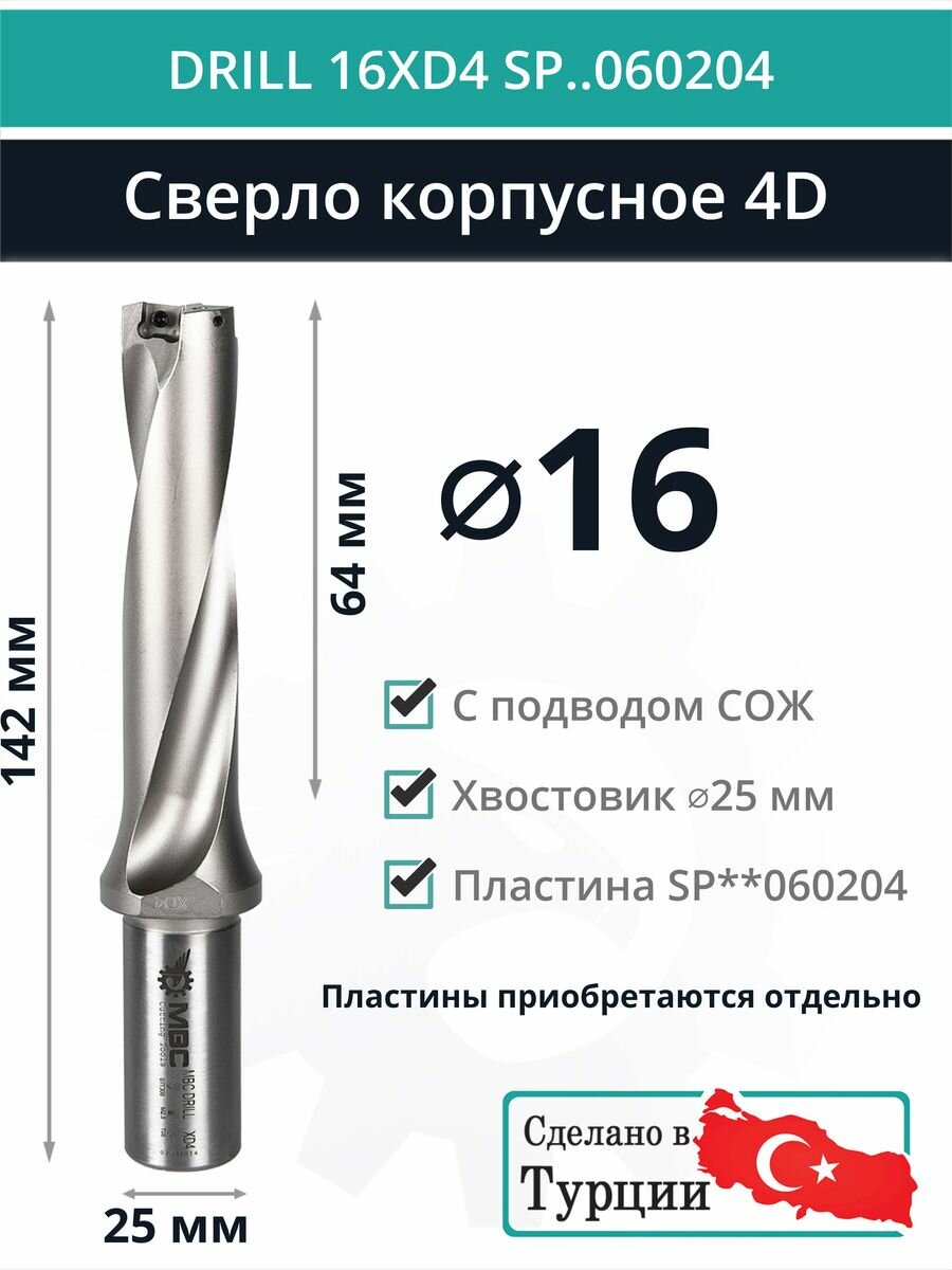 DRILL 16XD4 SP.060204 сверло корпусное - 16 мм / пластина SPMX 060204; SPMT 060204