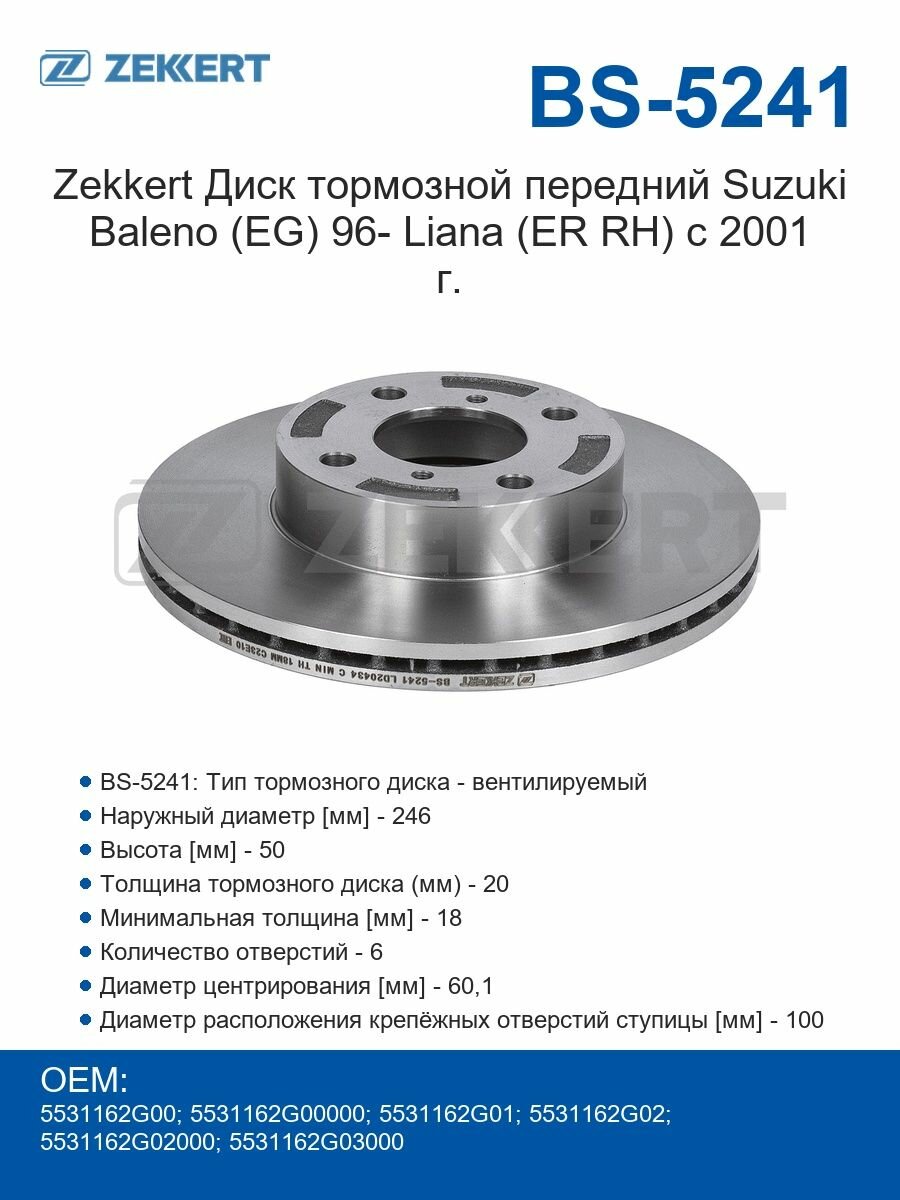 Zekkert Диск тормозной передний Suzuki Baleno (EG) 96- Liana (ER RH) с 2001 г.