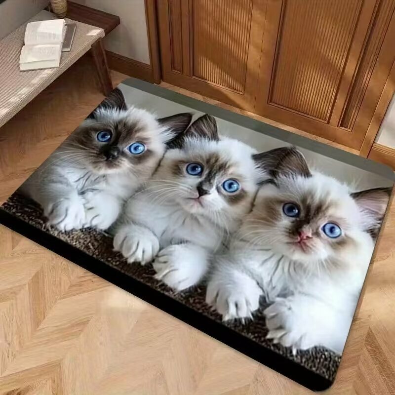 Придверный коврик с кошачьим принтом, легко чистится, устойчив к пятнам и долговечен, 60x40 см.