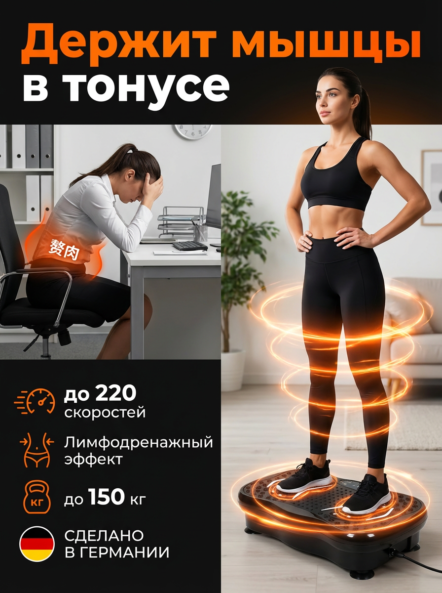 Виброплатформа для похудения 150 кг тренажер кардио степпер, пульт, чёрный, с Bluetooth