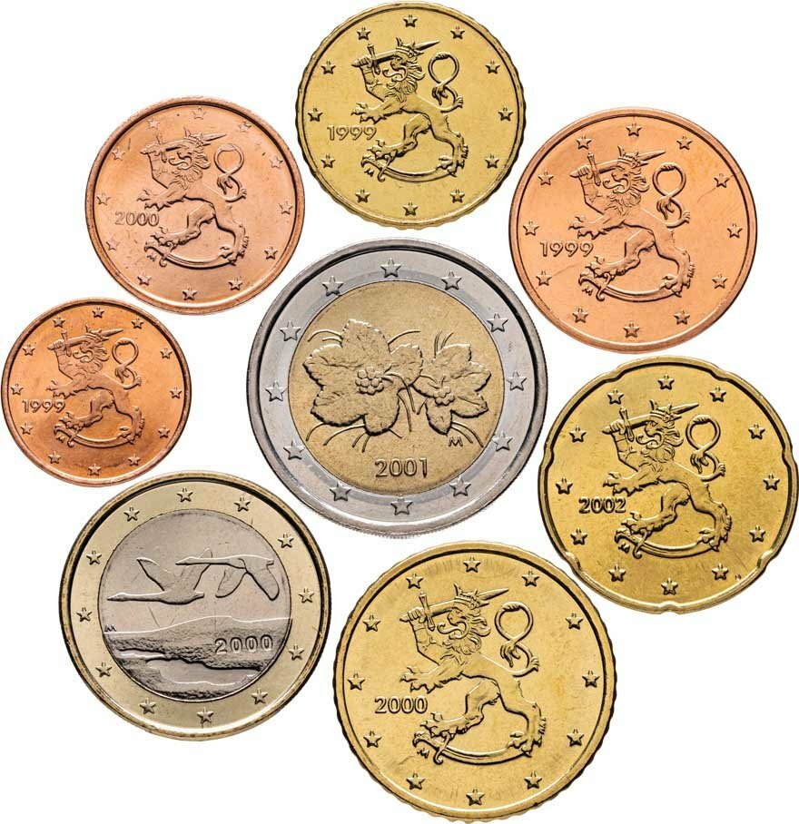 Финляндия набор монет евро 1999-2002 8 штук, Биметалл, в сохранности UNC