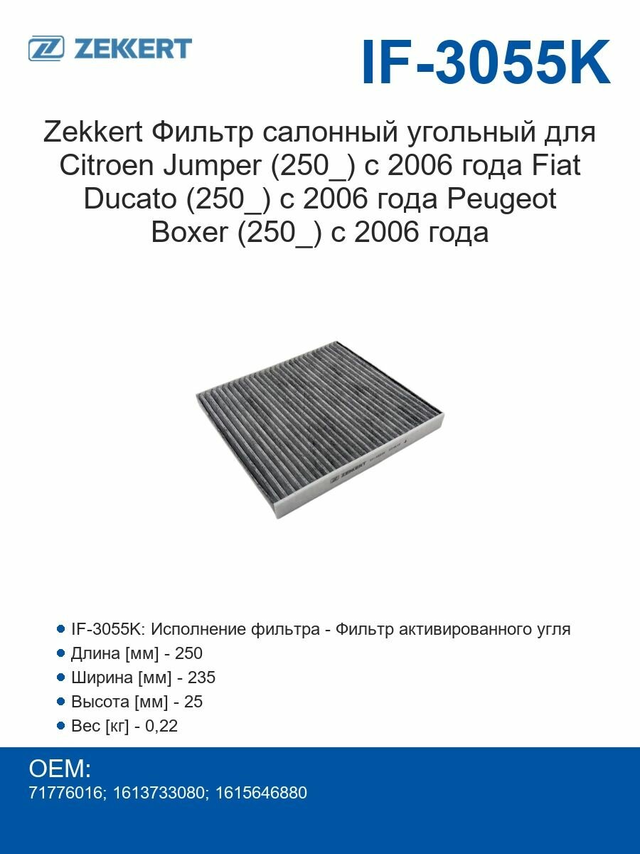 Zekkert Фильтр салонный угольный для Citroen Jumper (250_) с 2006 года Fiat Ducato (250_) с 2006 года Peugeot Boxer (250_) с 2006 года