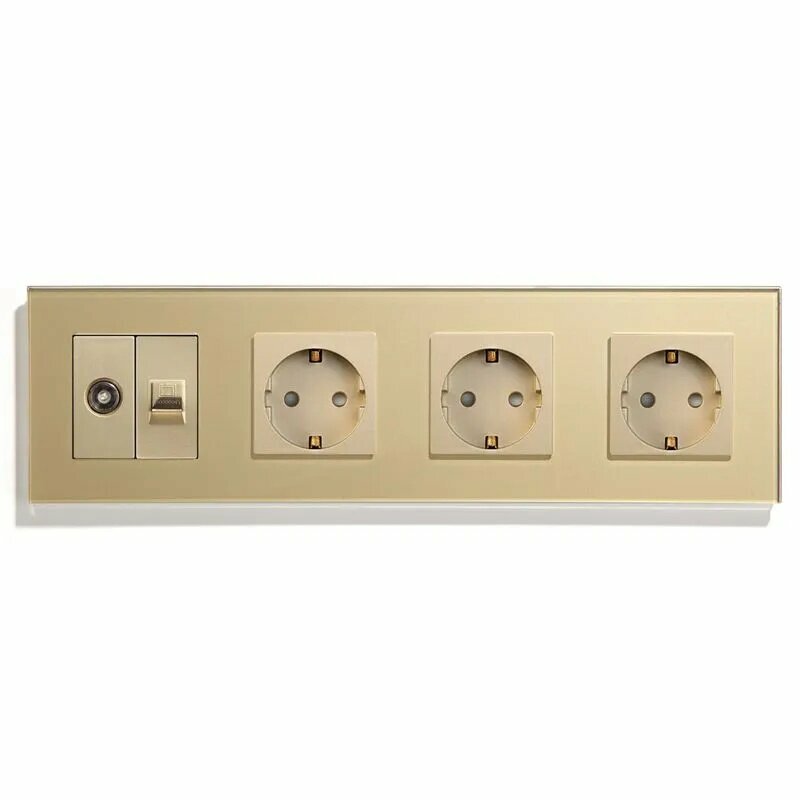 Розетка электрическая 4 поста 220В 16А+RJ45 ТВ-Компьютер Стекло Рамка золото
