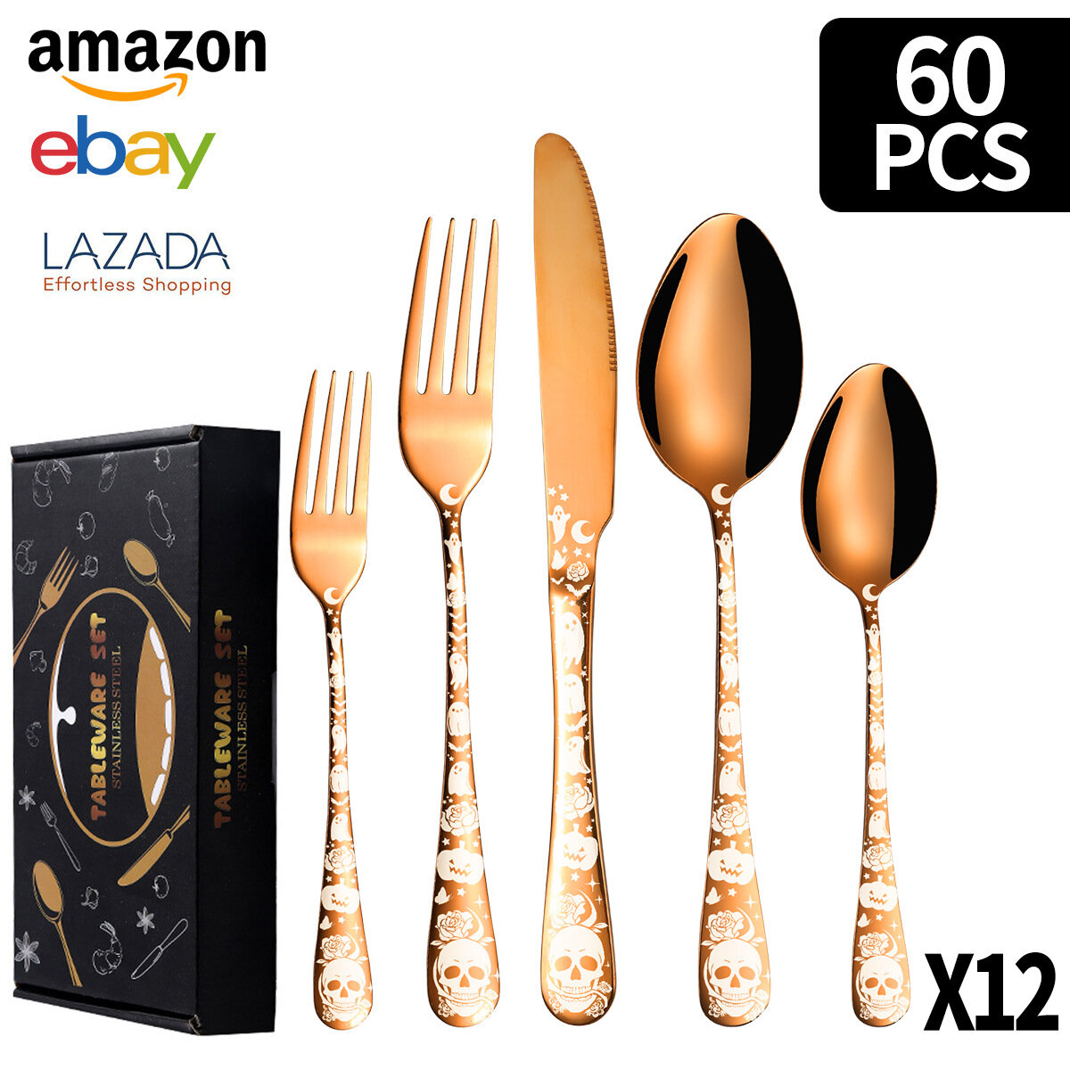 Самый продаваемый на Amazon набор столовых приборов из нержавеющей стали в форме черепа, набор столовых приборов в западном стиле с узором на Хэллоуин для отелей.