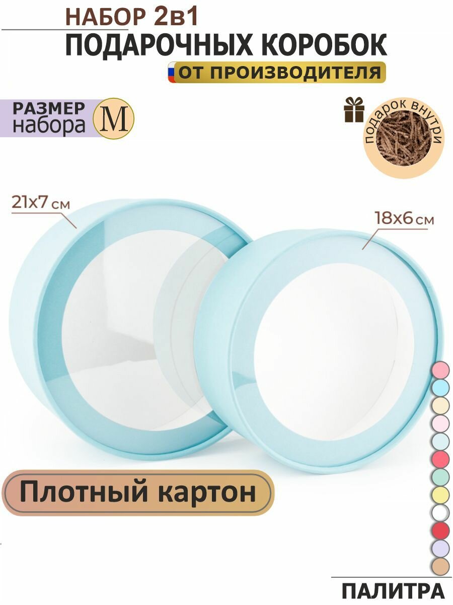 Круглая подарочная коробка с прозрачным окном с наполнителем для зефира и подарка, 2в1, светло-голубая, набор 2шт: 21х7см - 1шт, 18х6см - 1шт