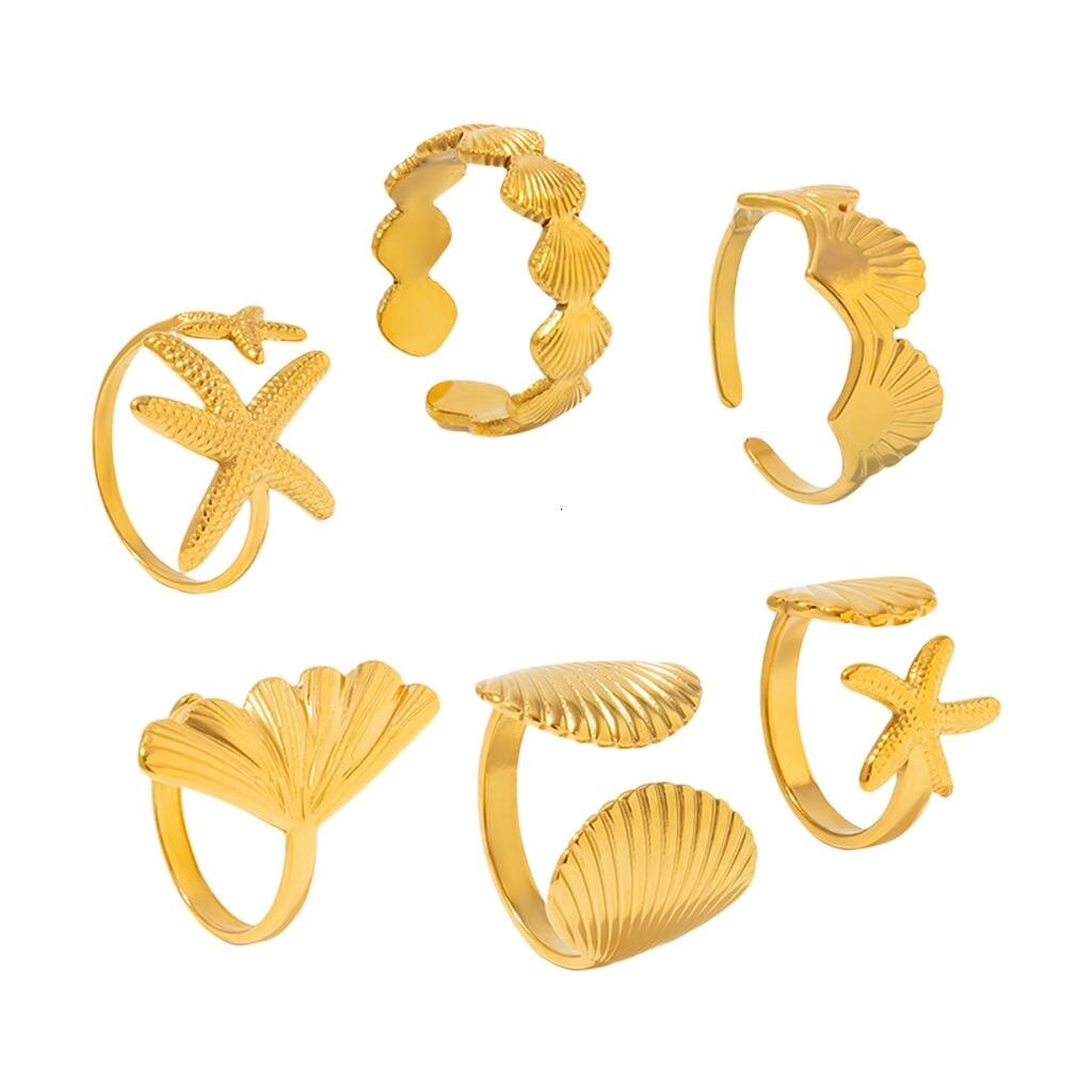 Набор из 6 регулируемых колец с мотивами звёздочек и ракушек, Золотистый цвет