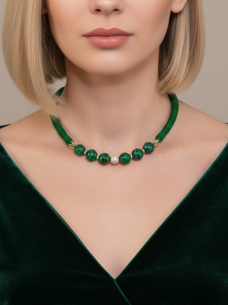 Колье, малахит синтетический