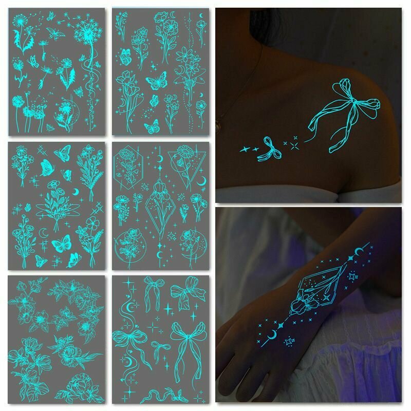 Белая хна татуировка наклейка красивое кружево на тыльной стороне руки цветок бабочка невеста светящаяся наклейка, светящийся стикер для запястья и ключицы