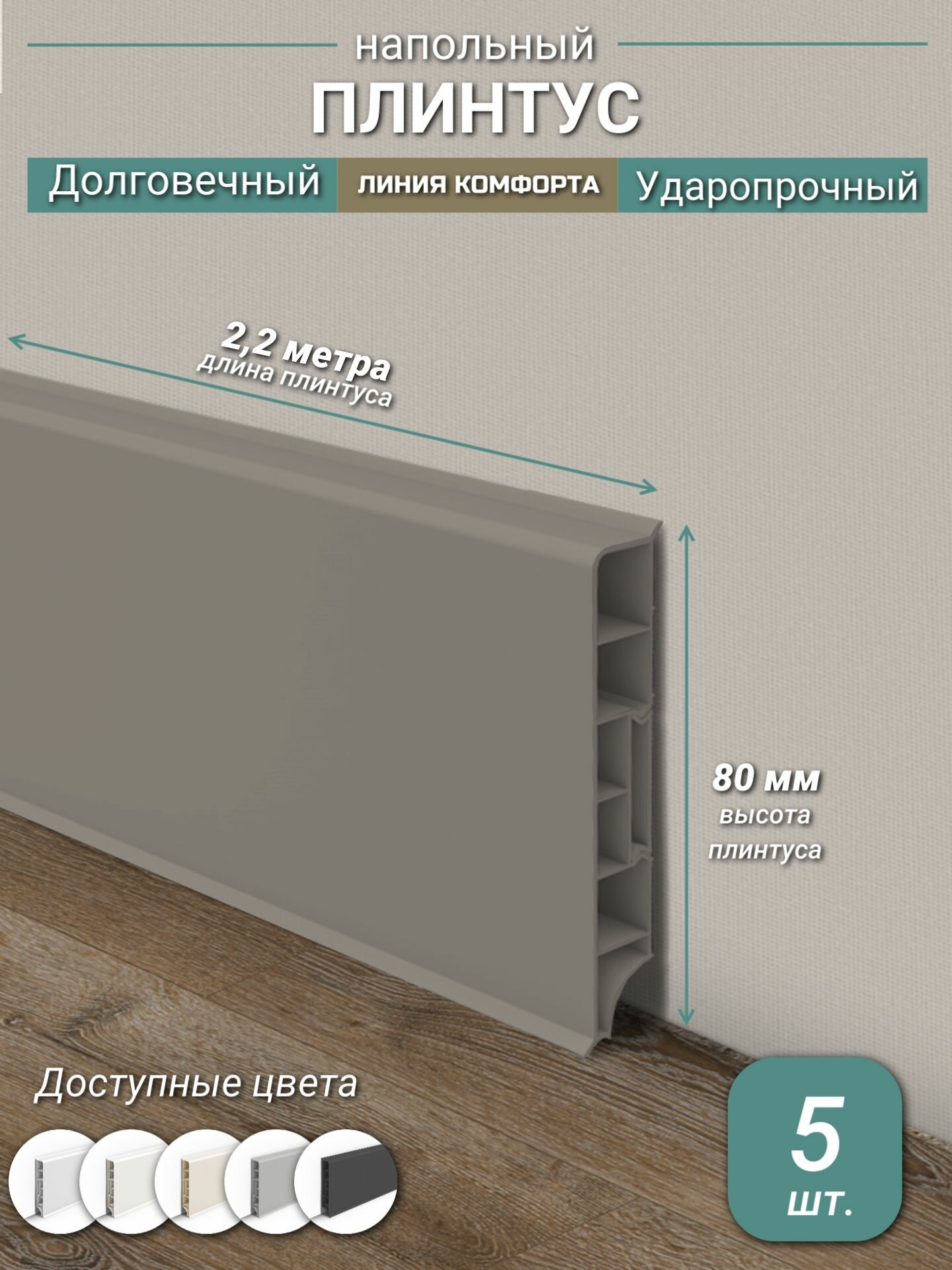 Плинтус Ideal, ПВХ, матовый, влагостойкий, ударопрочный, с кабель-каналом, 2,2 м, прямоугольный, Платиново-серый - 5 шт.