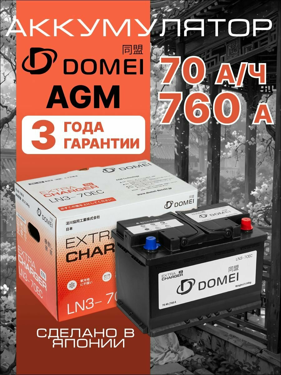 Аккумулятор автомобильный AGM 70 Ач 760 А обратная полярность DOMEI LN3
