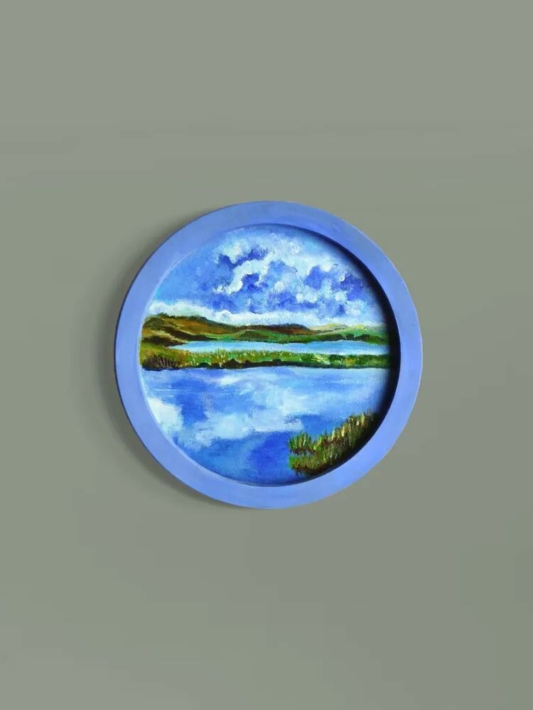Круглый пейзаж акрилом на артборде, Озера , d 20 см