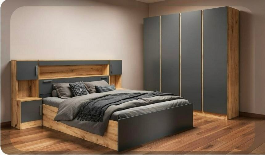 Спальный гарнитур (Кровать Бася с надстройкой и тумбами 1.6)(Шкаф 4-х ств. Келвин) Дуб Крафт/ Графит