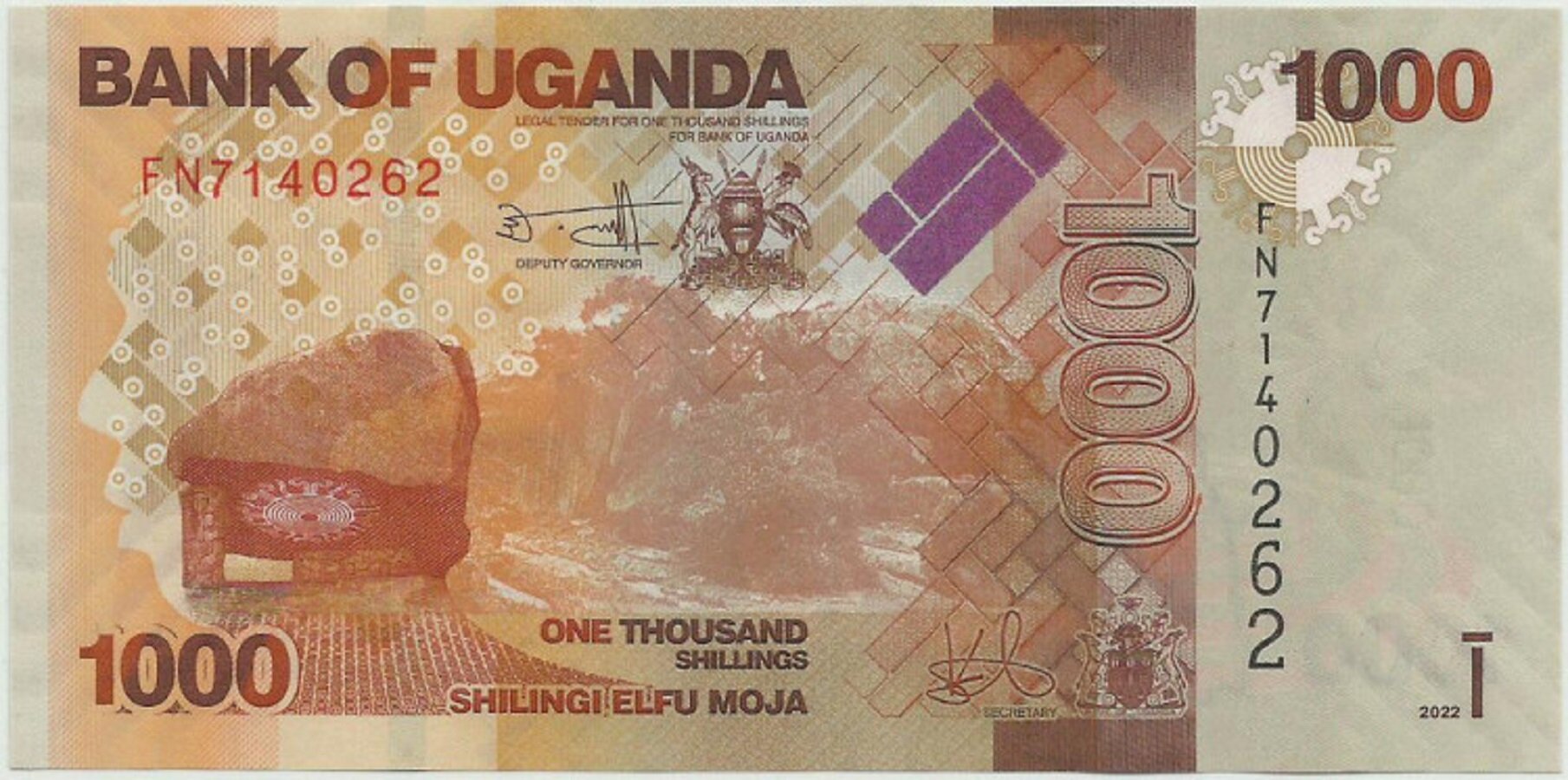 Банкнота номиналом 1000 шиллингов Уганды 2010-2024 года. Состояние UNC Р-49