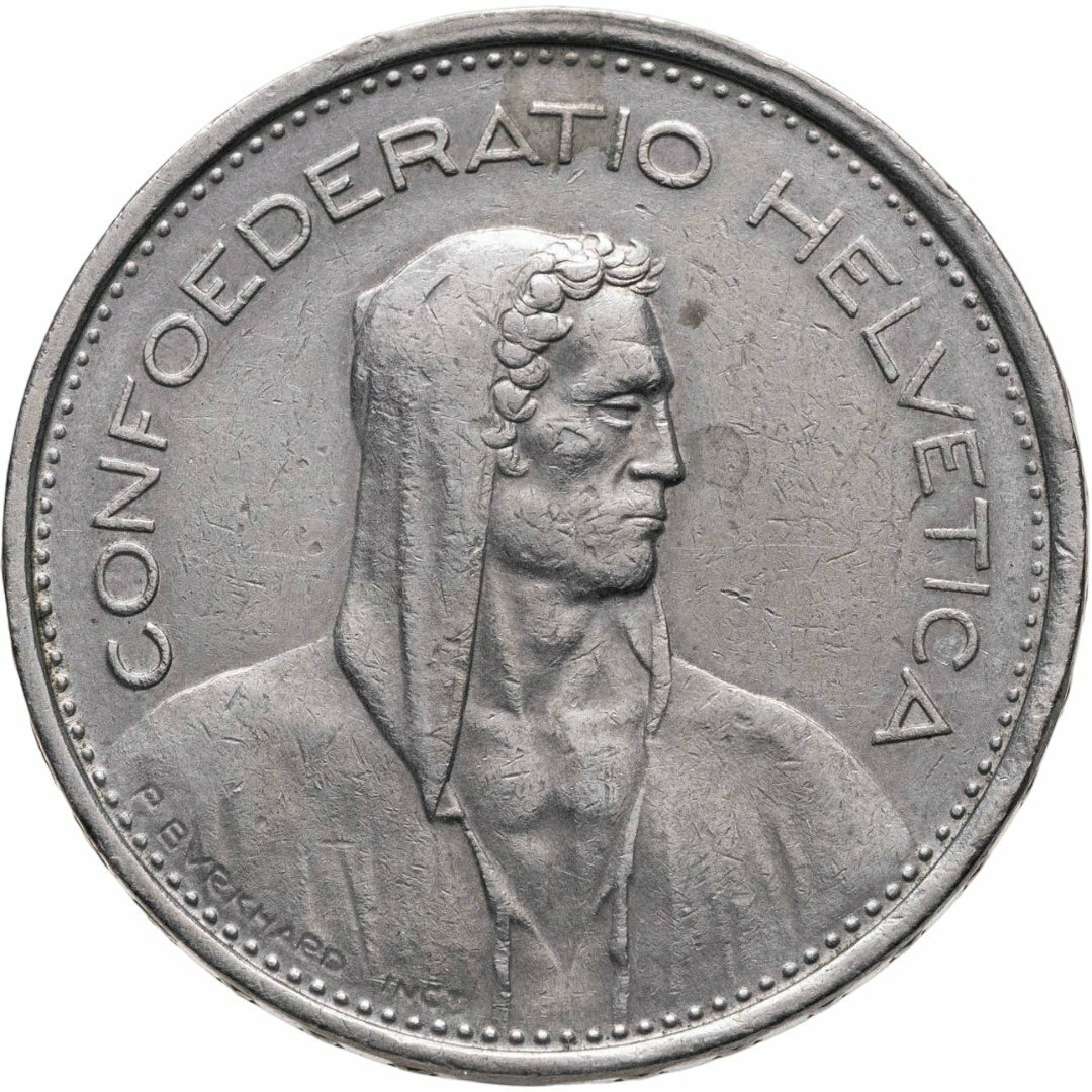 Швейцария 5 франков francs 1968 B, Мельхиор медь-никель, в сохранности XF