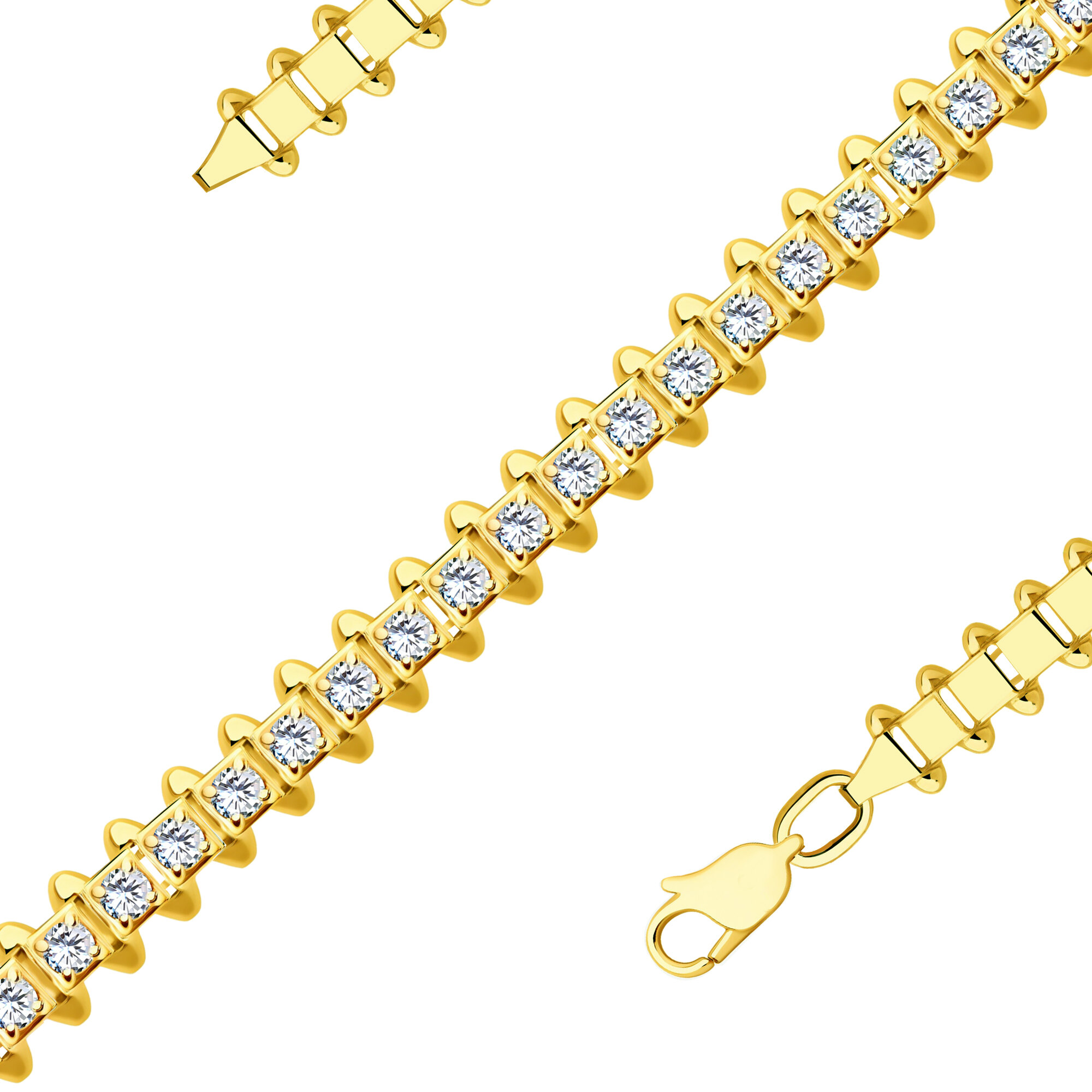 Браслет, желтое золото, 585 проба, фианит