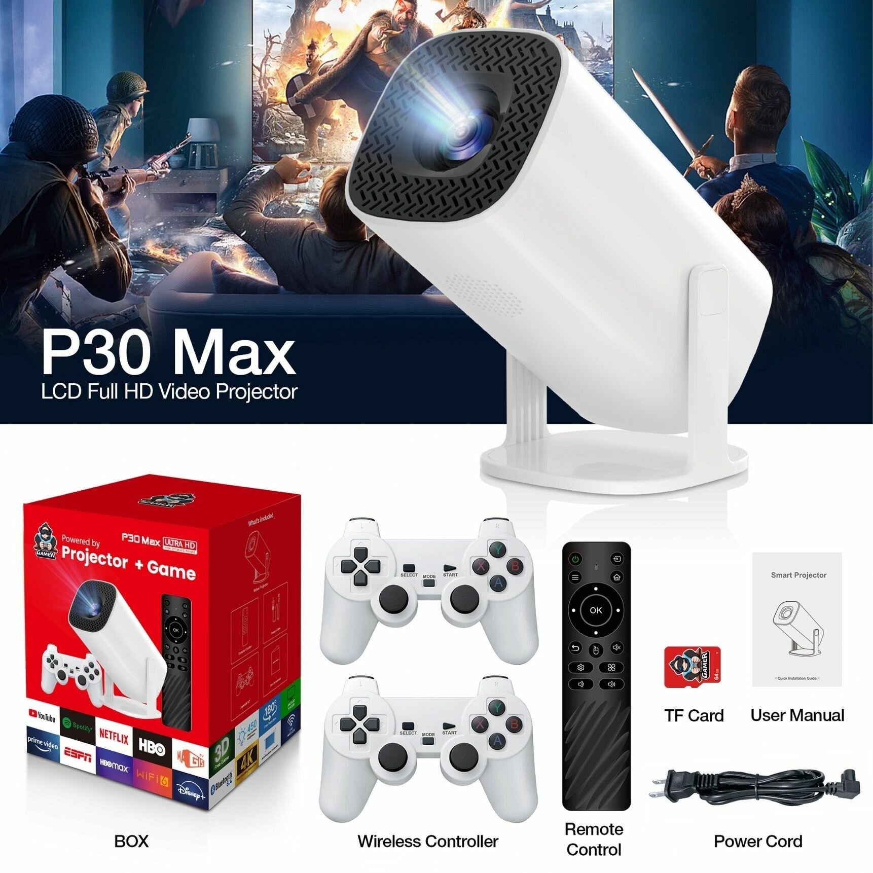 Проектор Мини-проектор для фильмов и игр с картой памяти P30 MAX, 2 джойстика, качество 4К ULTRA HD, HDMI, LCoS, белый