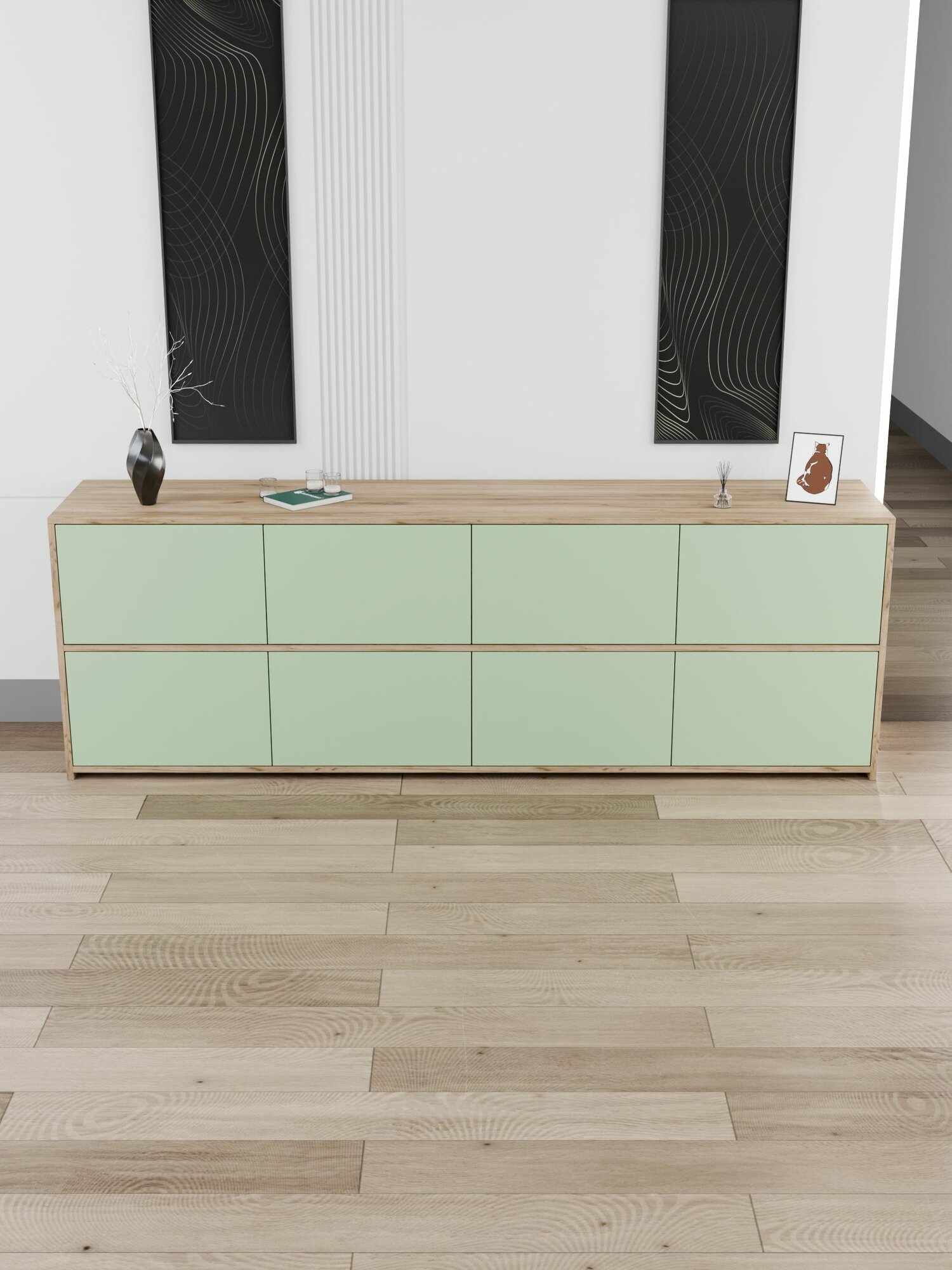 Изумлит Комод для белья и одежды Каллисто 200х66.8х40 см, дуб крафт серый/мятный