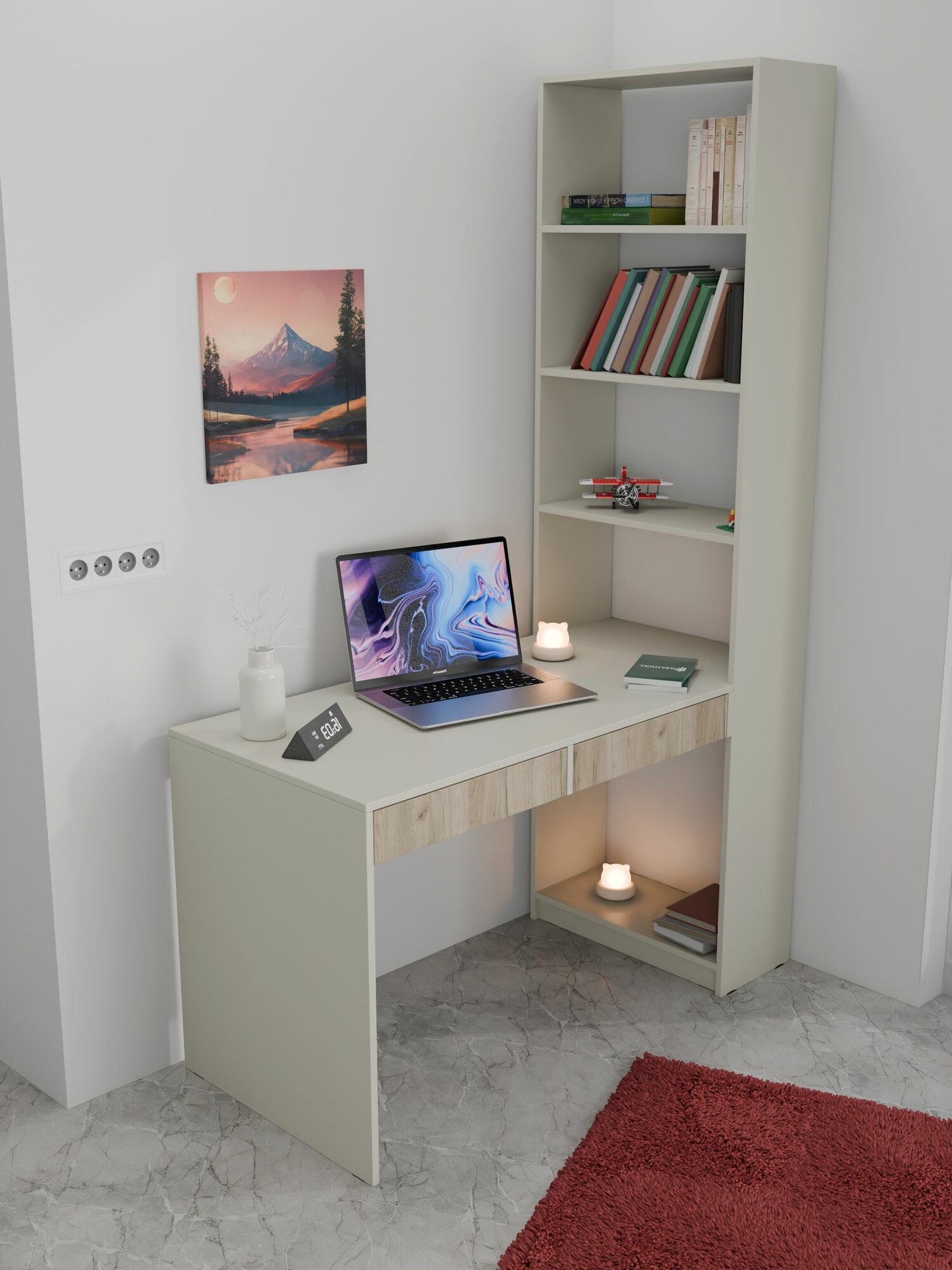 Изумлит Стол-стеллаж письменный угловой, стеллаж справа 200х130х59.2 см, бежевый - дуб крафт серый