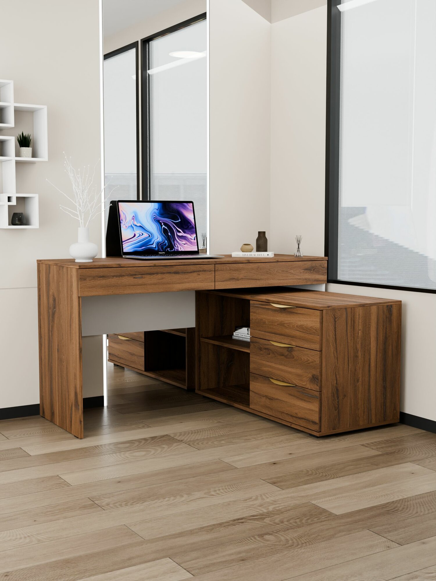 Изумлит Стол письменный с тумбой Корнер 135х52х75.5 см, дуб крафт табачный