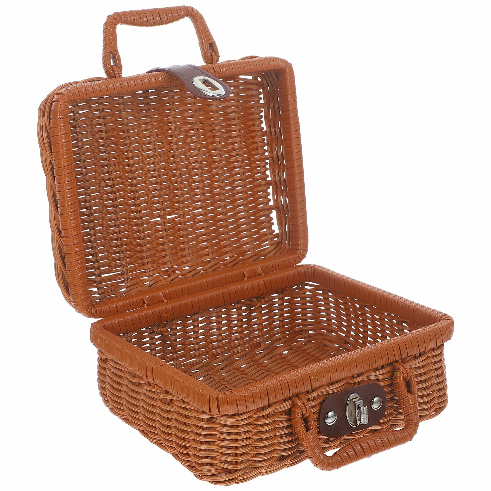 Коричневый имитационный плетеный сундук из искусственной кожи для хранения с замком