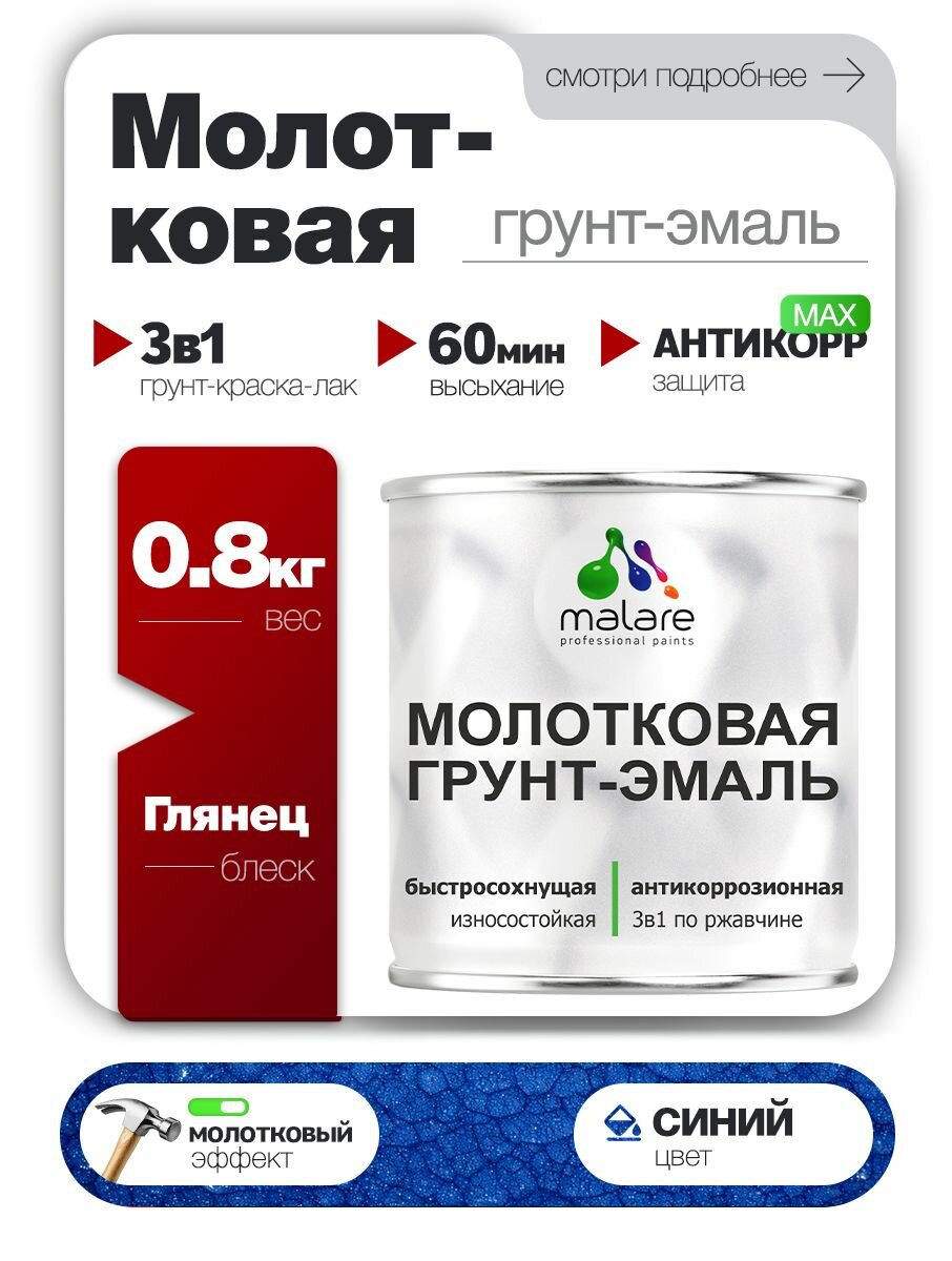 Грунт-эмаль 3 в 1 Malare краска молотковая по металлу, быстросохнущая по ржавчине, глянцевое покрытие, синий, 0,8 кг
