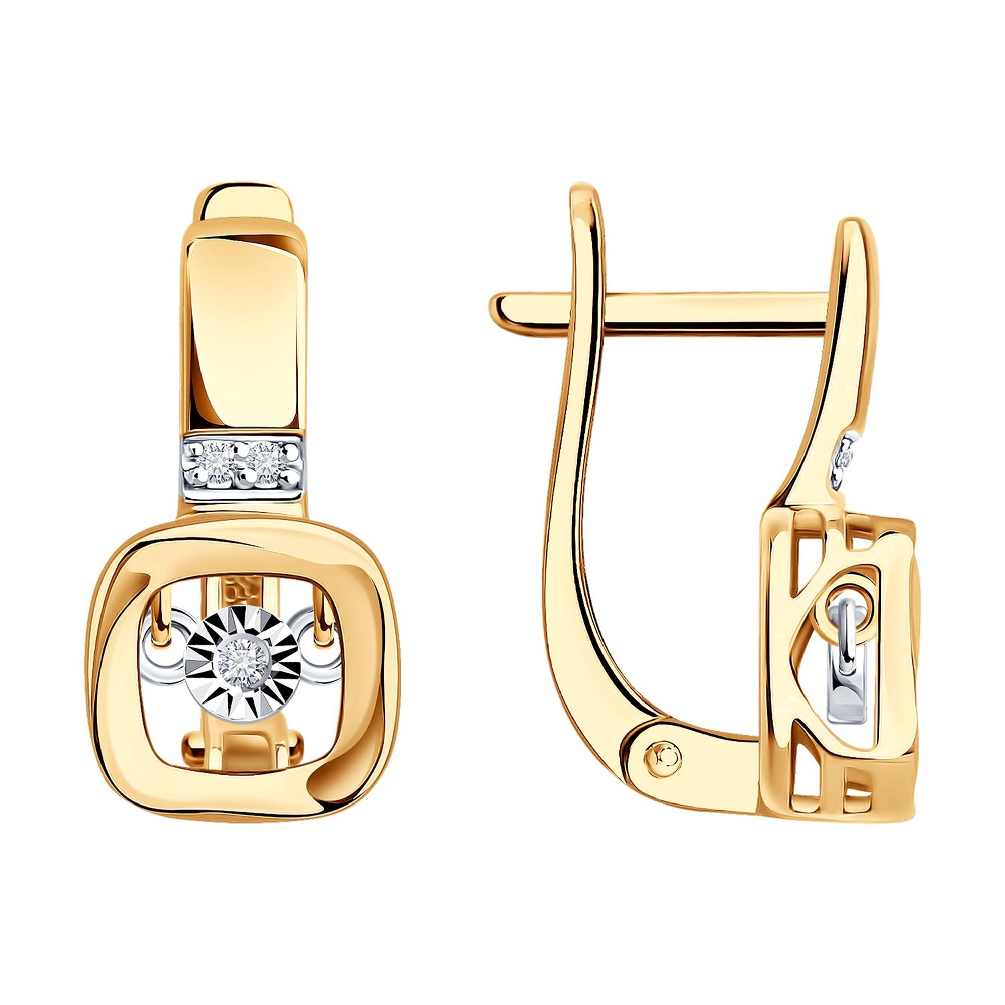 Серьги, комбинированное золото, 585 проба, бриллиант