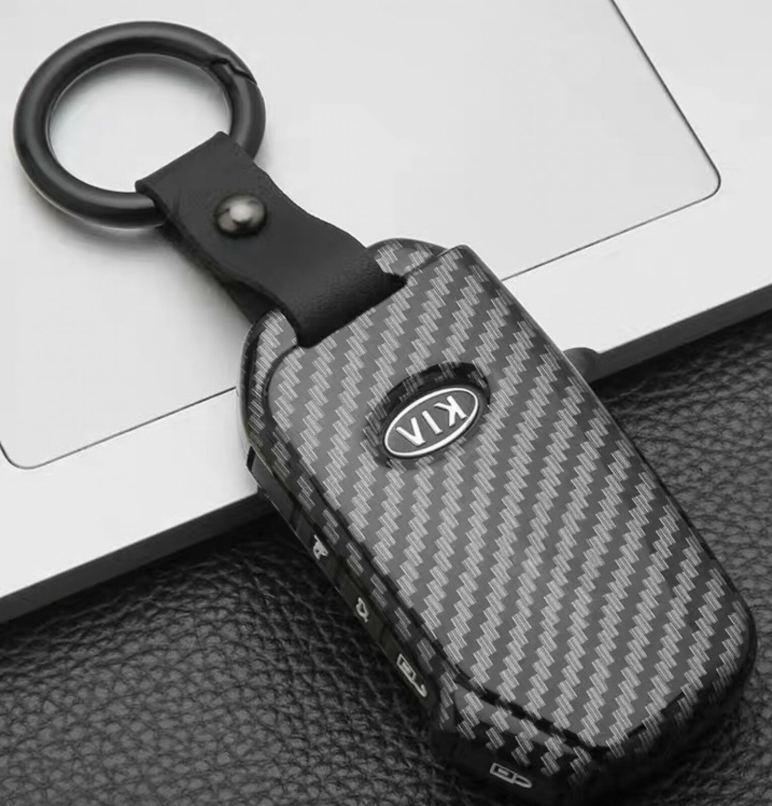 Чехол MyPads для автомобильного ключа KIA K5 и Sorento с карбоновой текстурой, черный, с кольцом для крепления
