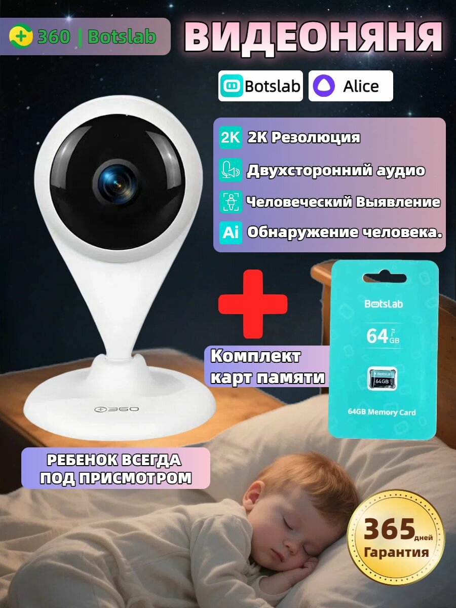 Видеоняня видео няня 360 Botslab C201 WI-FI, радионяня, 64GB Комплект карт памяти