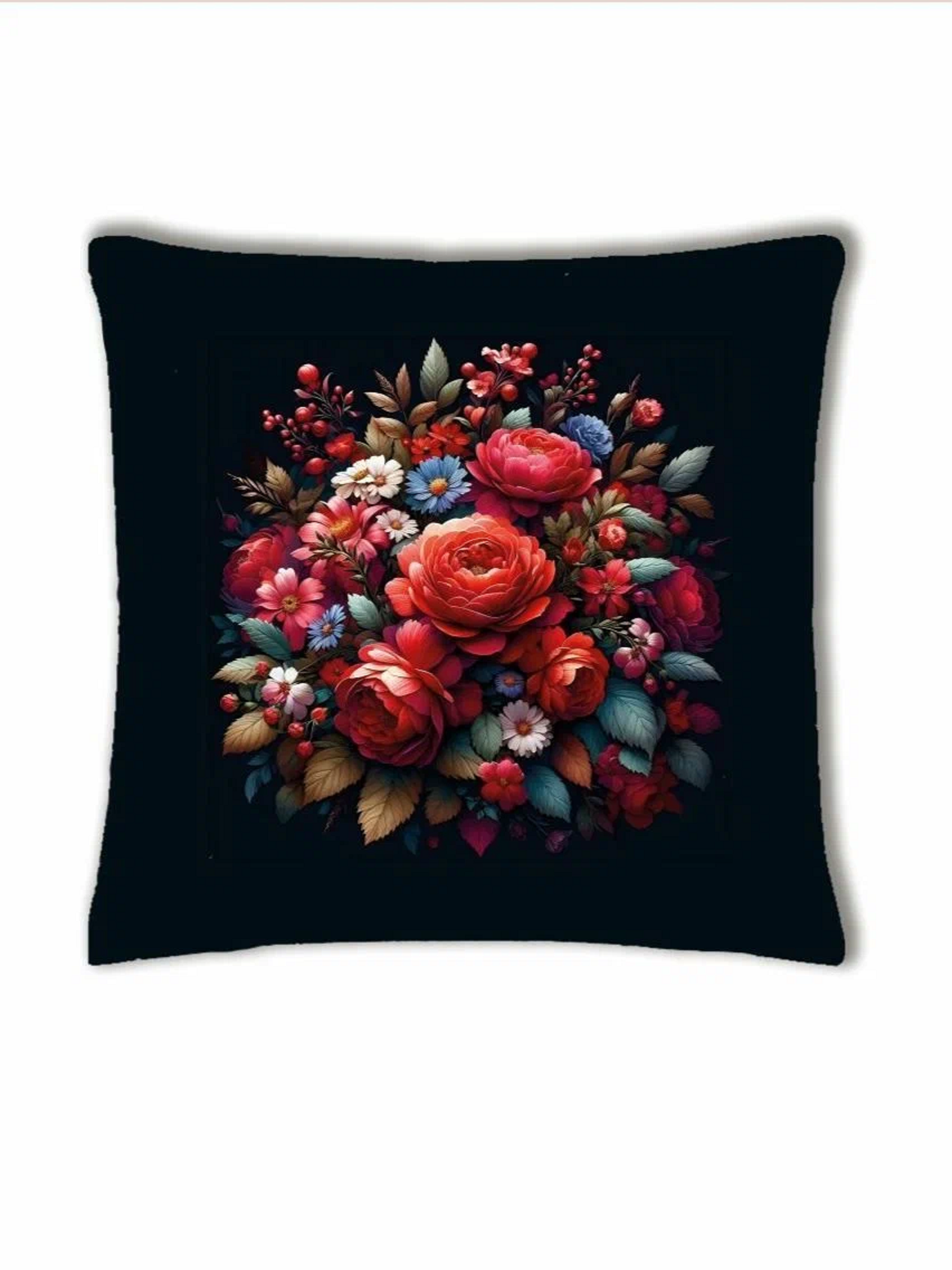 Чехол для подушки Красный букет на черном 40х40 велюр
