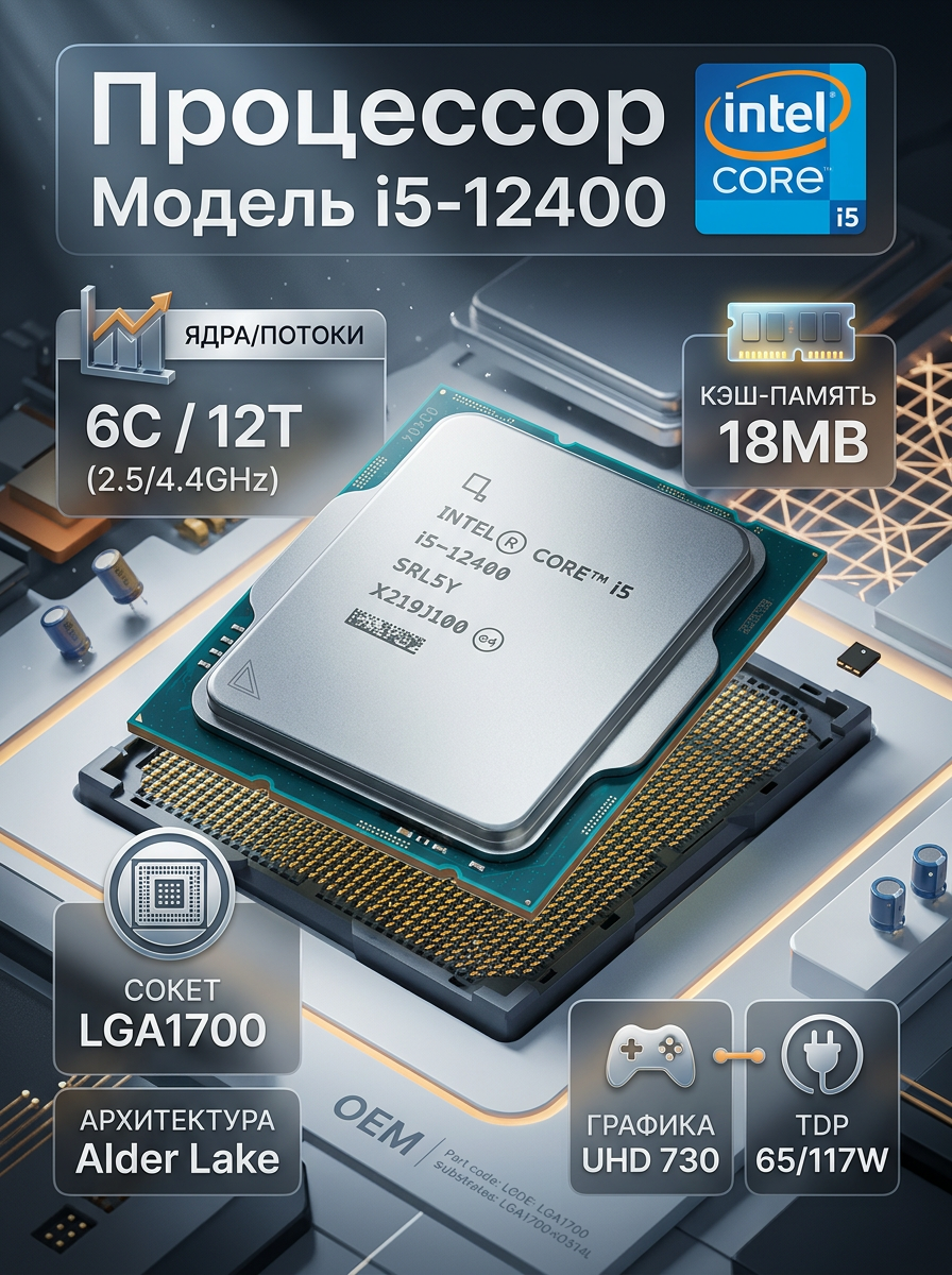 Процессор Intel Core i5-12400 (APU LGA1700, Alder Lake, 6C/12T, 2.5/4.4GHz, 18MB, 65/117W, UHD Graphics 730), CM8071504650608, OEM